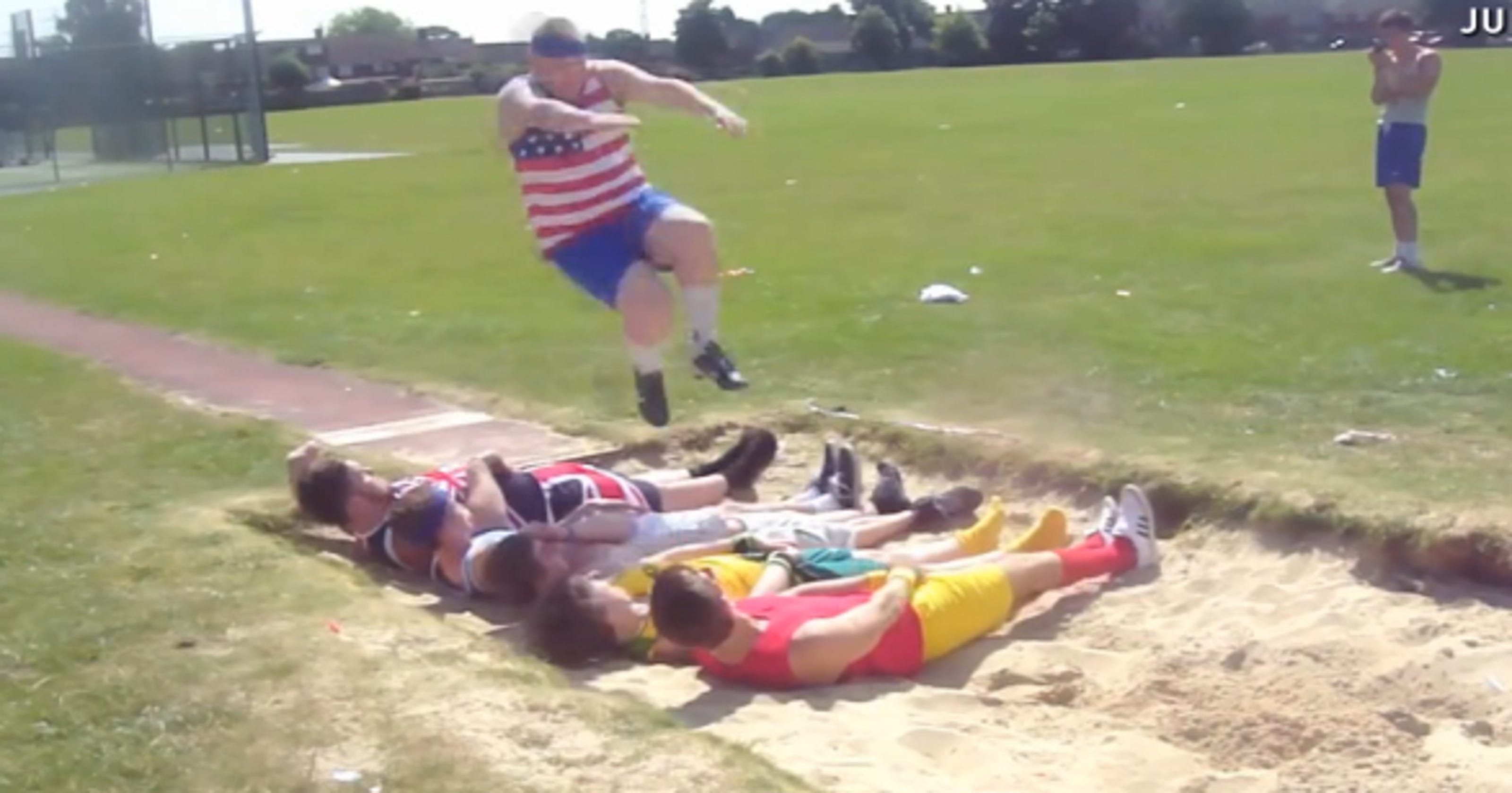 Ouch! Man's long jump lands in wrong place
