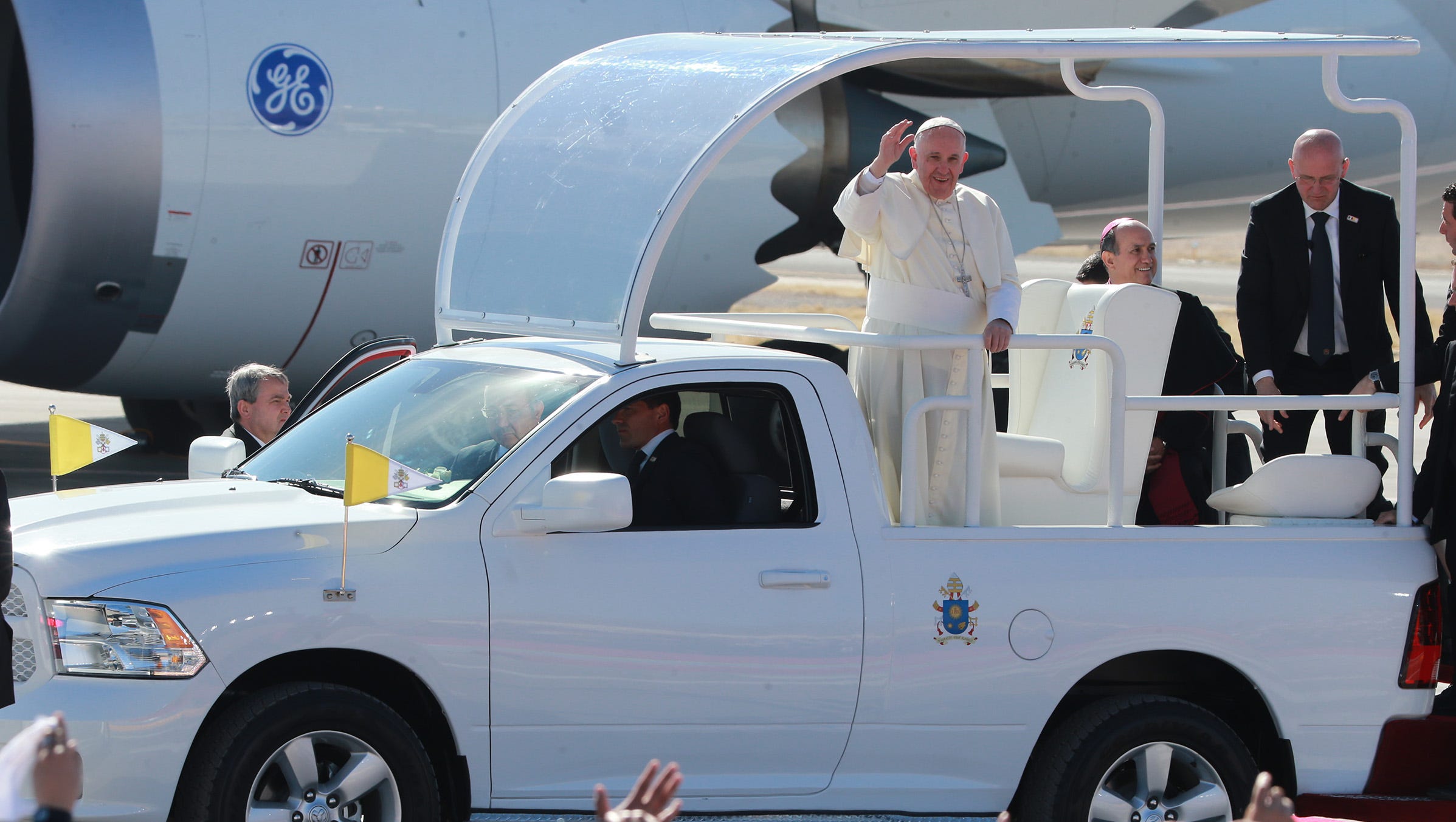 I got to see the Canadian Popemobile today. It was made by a fire truck ...