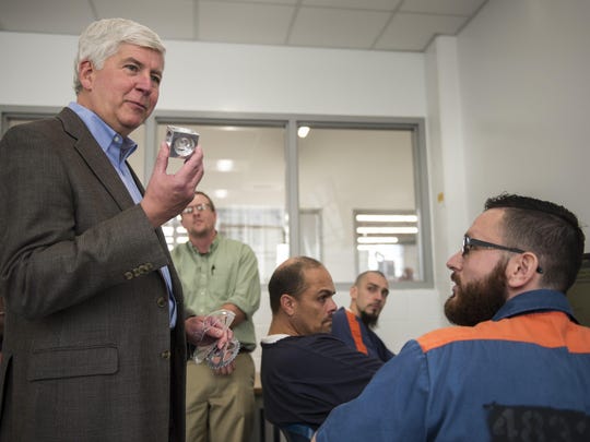 Gov. Rick Snyder tours Vocational Village at Parnell prison in Jackson