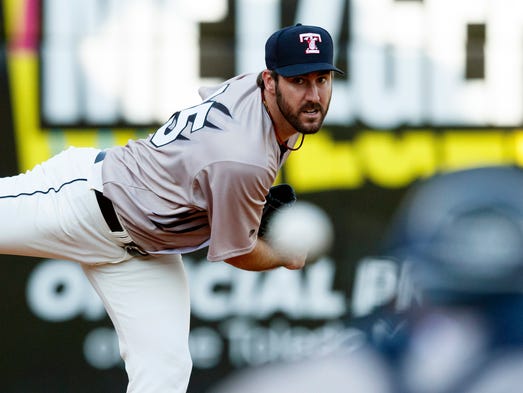 Tigers' Justin Verlander for Toledo today: 79 pitches, pulled in third