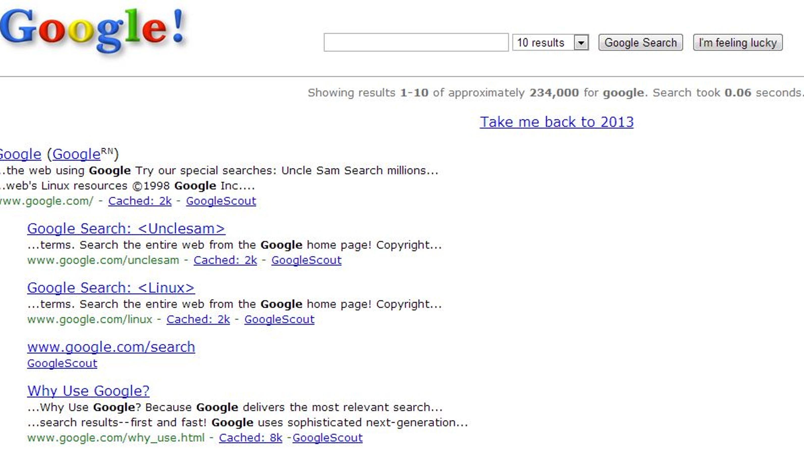 Search 'Google in 1998' for a retro look at homepage