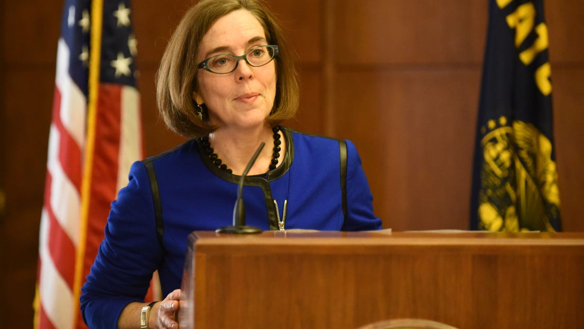 Gov. Kate Brown speaks during press conference
