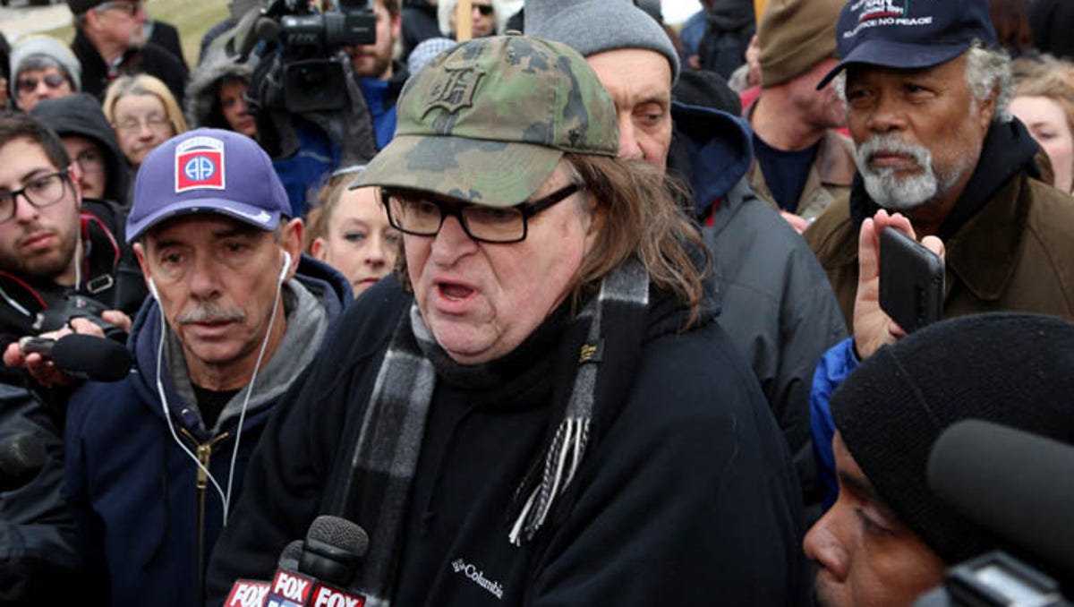 Filmmaker Michael Moore in Flint for a rally on water