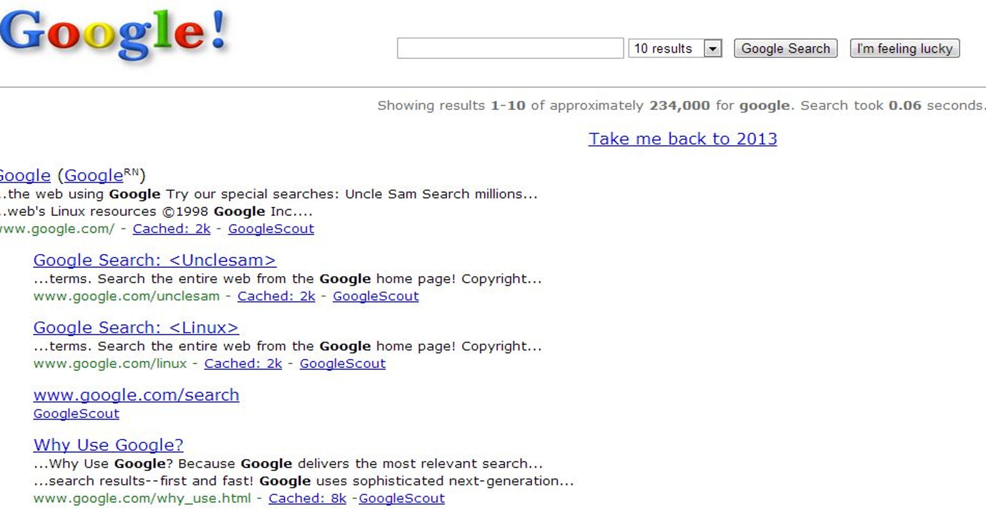 Search 'Google in 1998' for a retro look at homepage