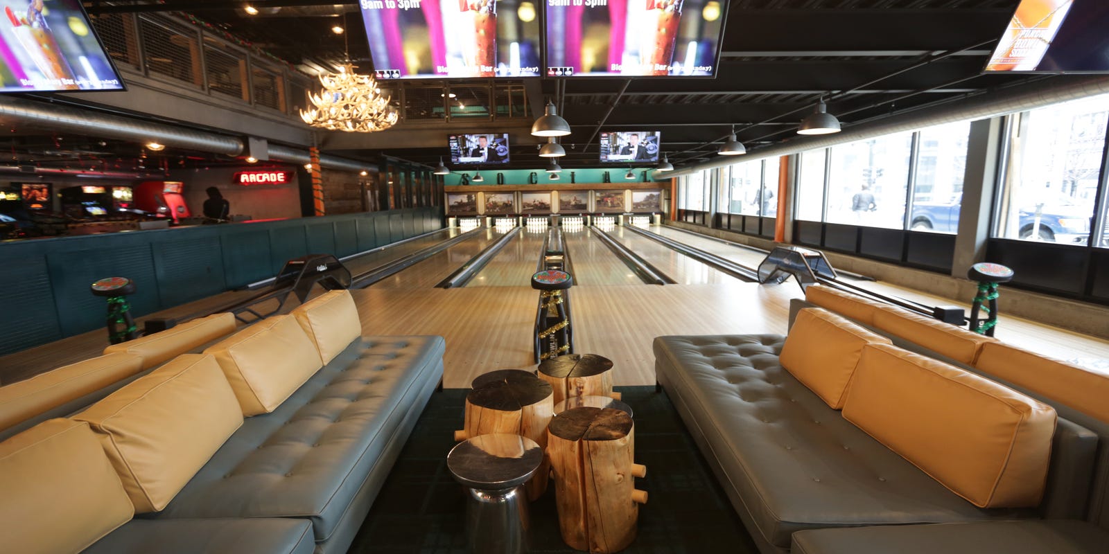 High-end bowling, get a drink, luxury hotel