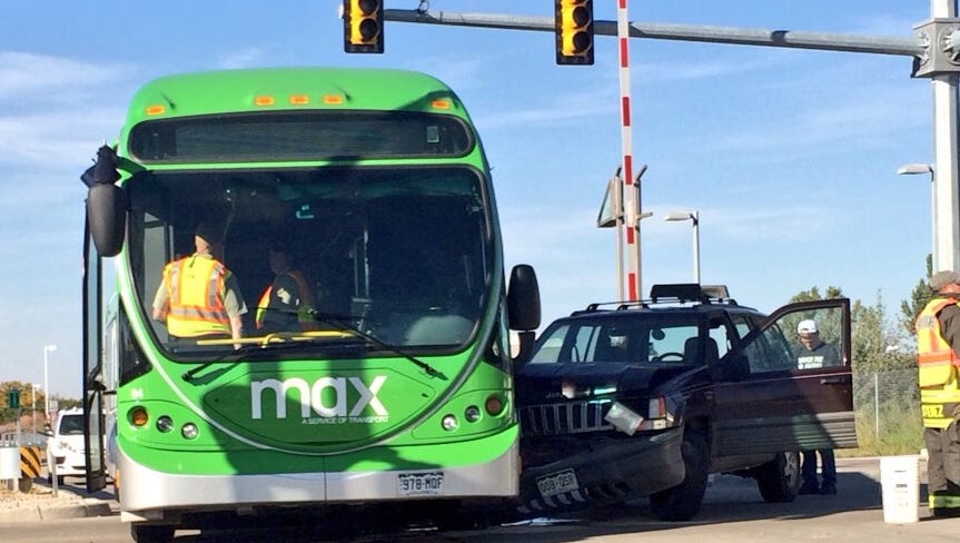 SUV slams into MAX bus Saturday on Harmony Road