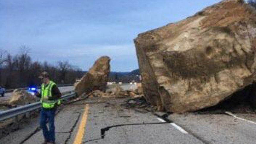 Rock slide: Boulder falls on Route 7, closing the road for the week