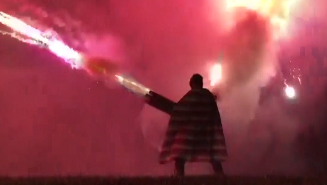 Man straps firework-shooting cannons to himself