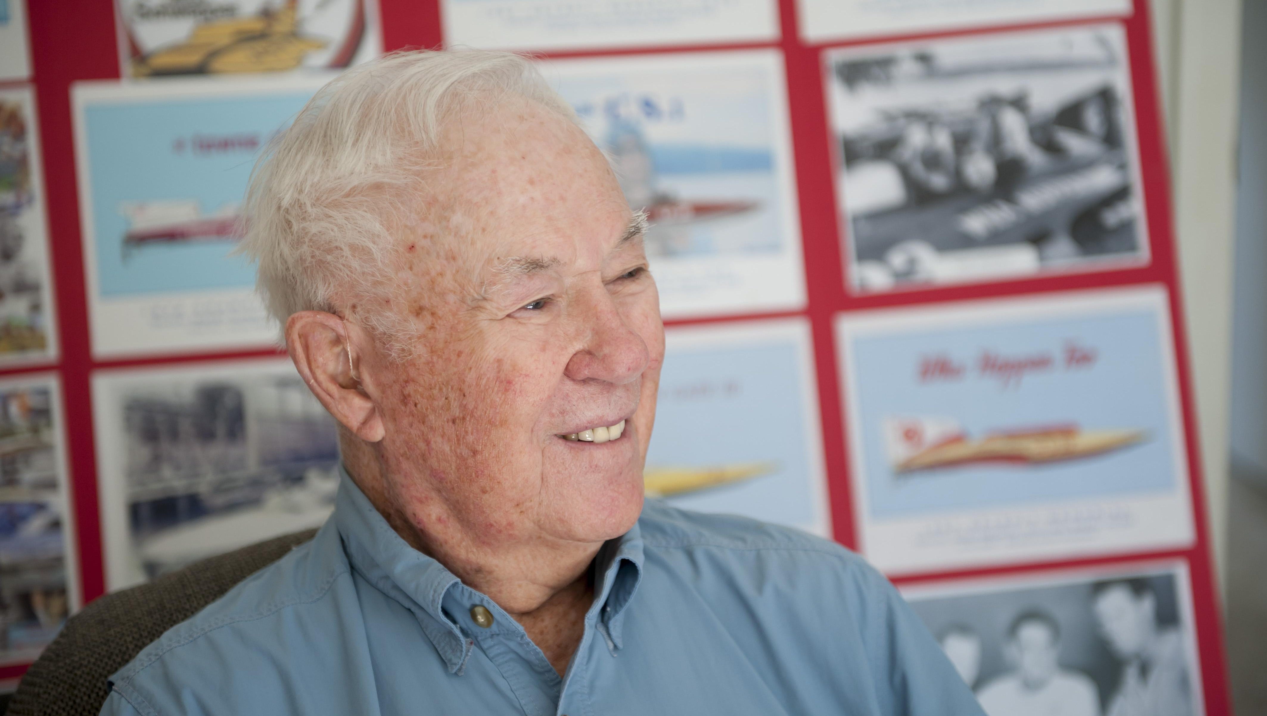 Hydroplane staple Sandy Ross hooked by waves over yonder