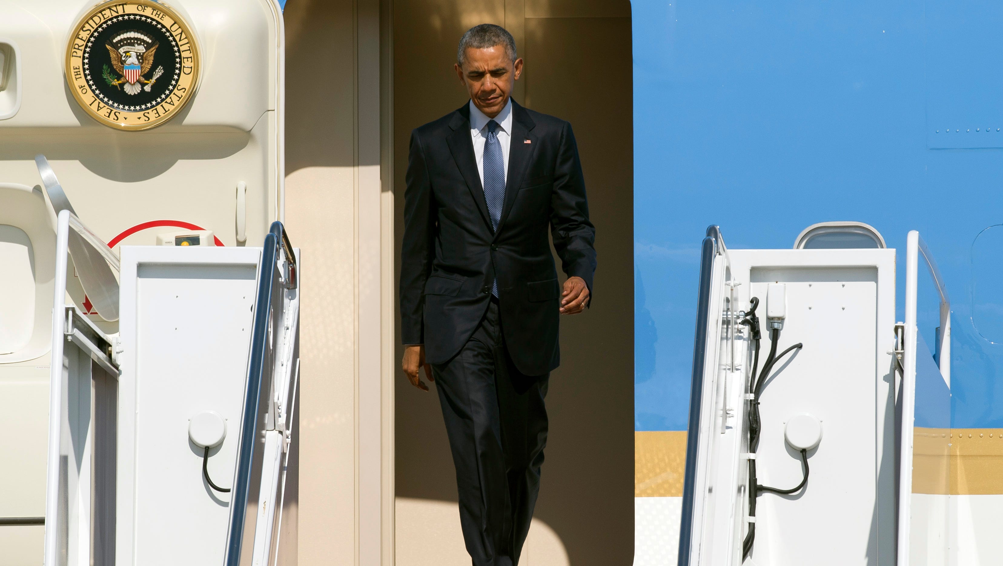 President Obama exiting Air Force One on July 16, 2015.