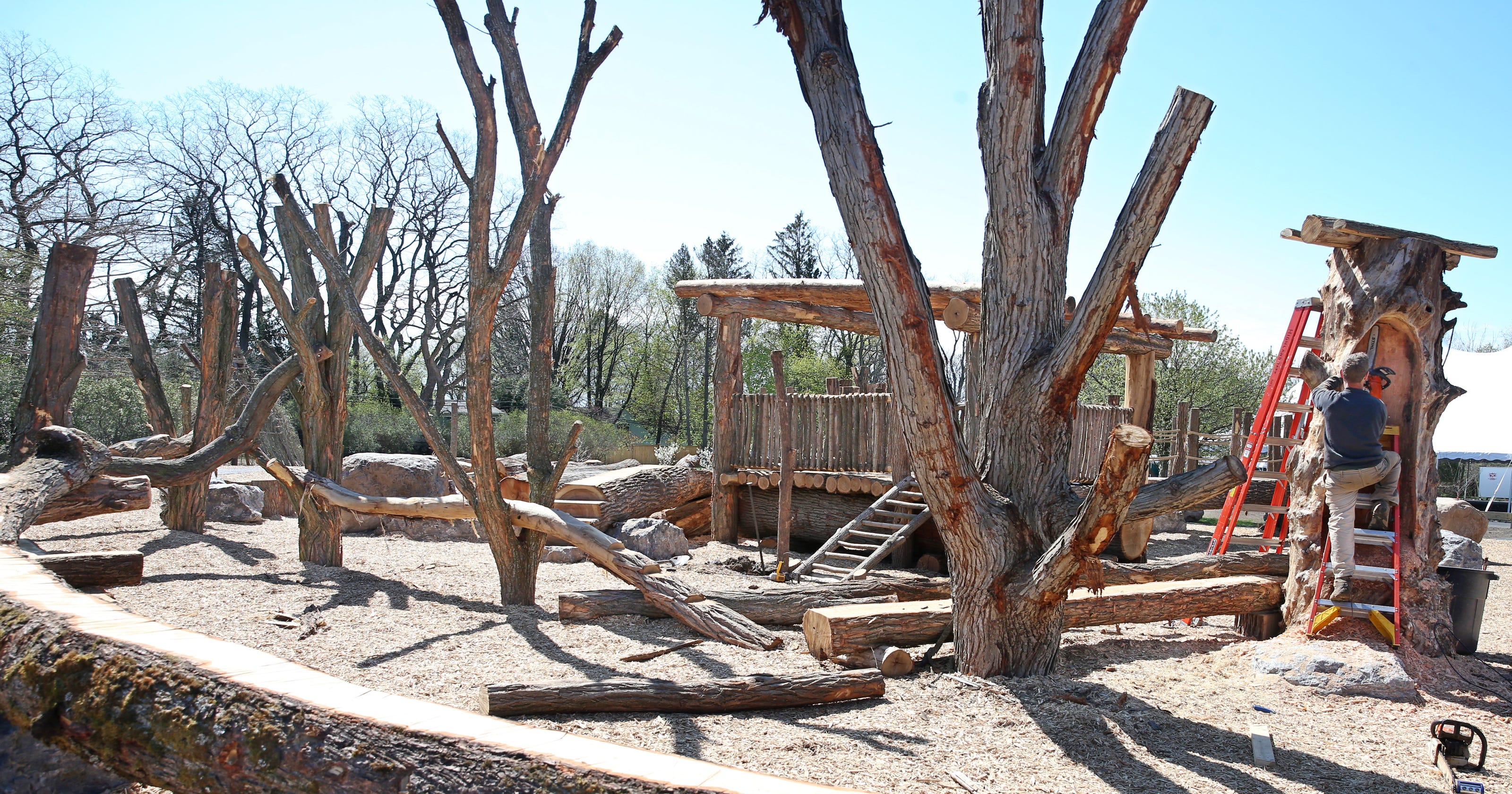 New playground in Highland Park made of tree trunks, limbs