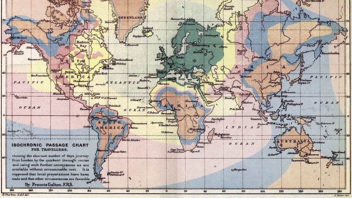 Map shows travel times around the world more than a century ago