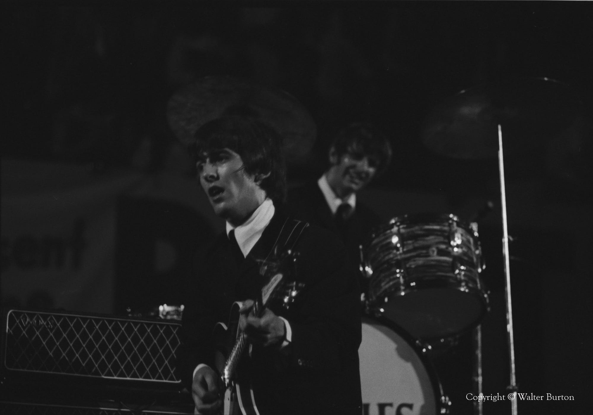 George Harrison and Ringo Starr on stage at Cincinnati Gardens. The ...