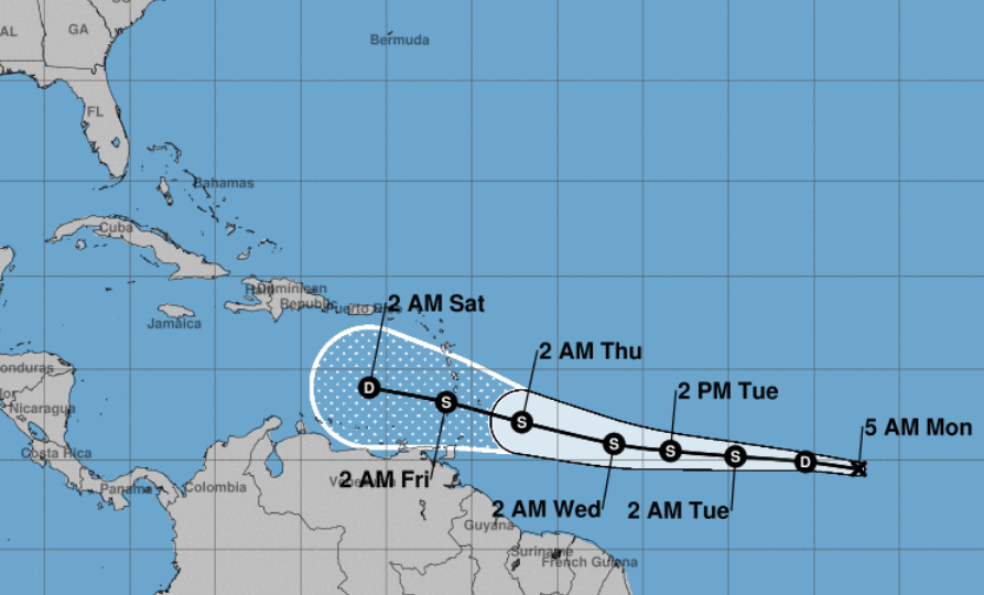 Tropical Storm Kirk path and predicted track