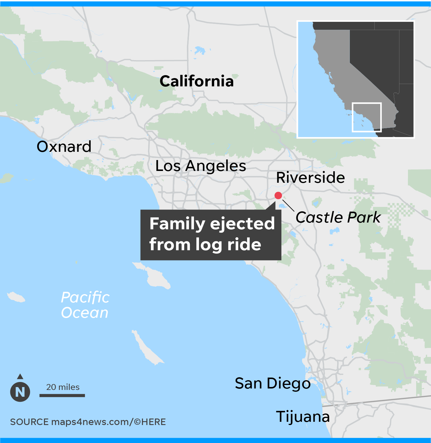 Castle Park log ride in Riverside, California, ejects family from boat