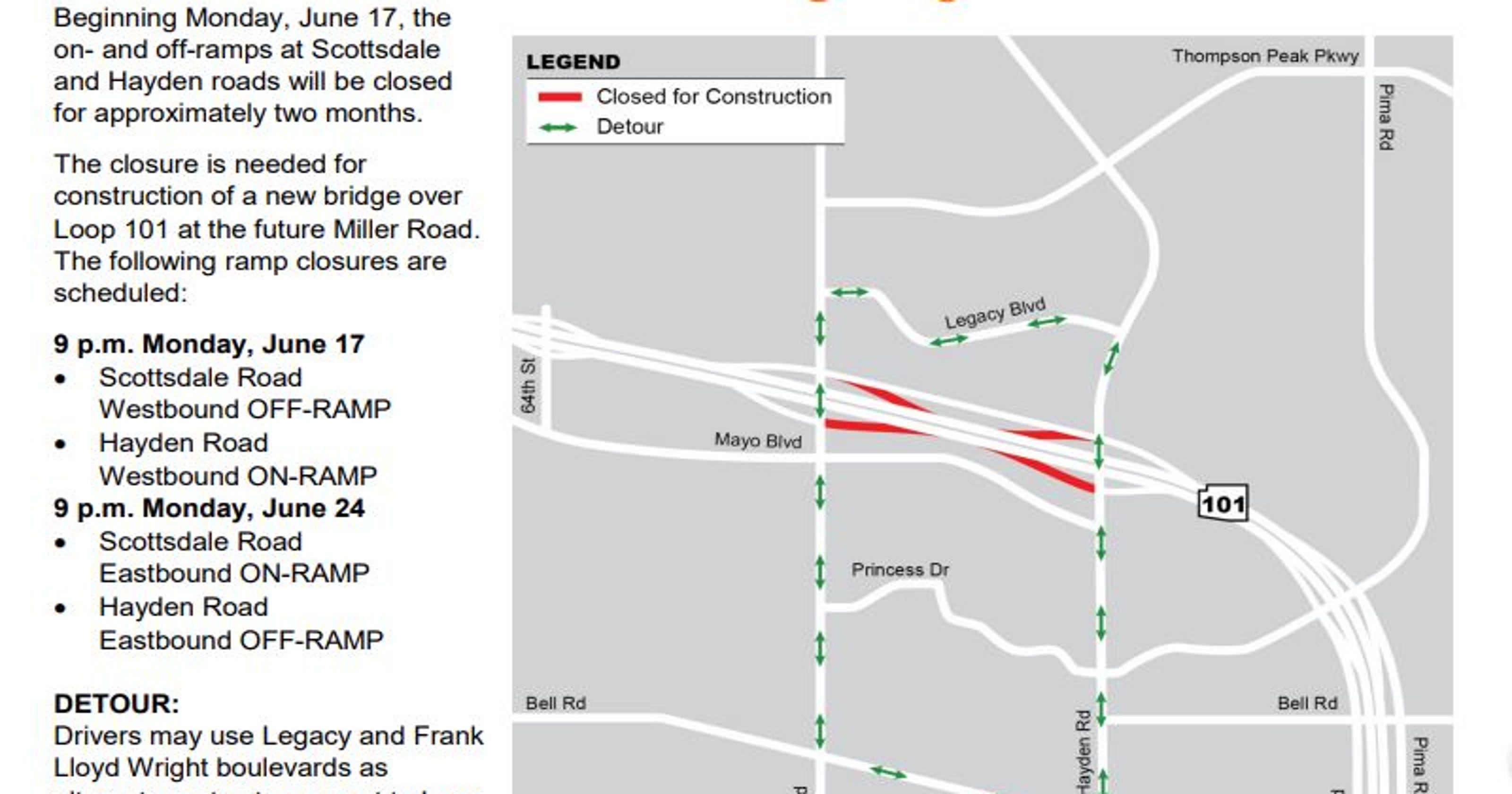 Loop 101 ramps for Scottsdale, Hayden roads to close for 2 months