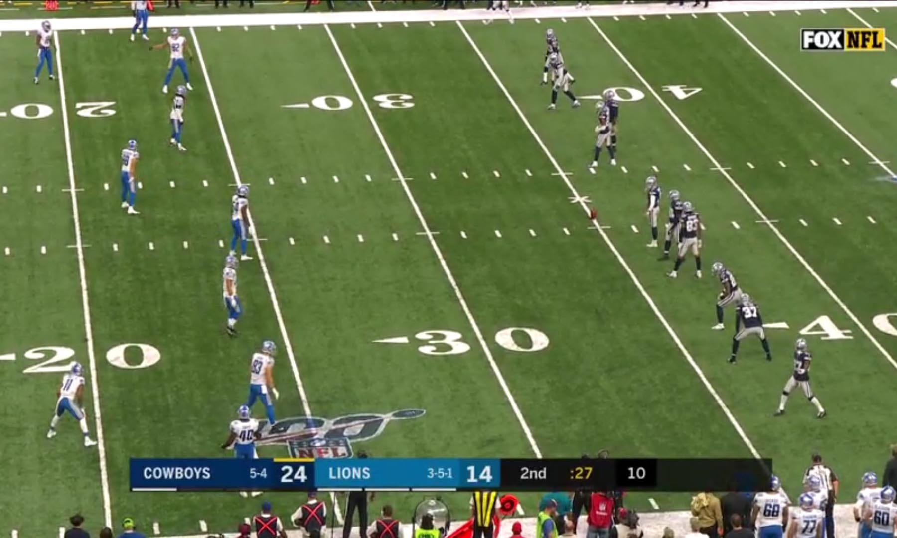 Cowboys kick off from Lions' 35-yard line after TD, penalties