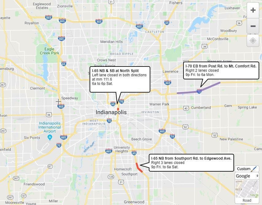Indianapolis traffic: Lane restrictions, ramp closures this weekend