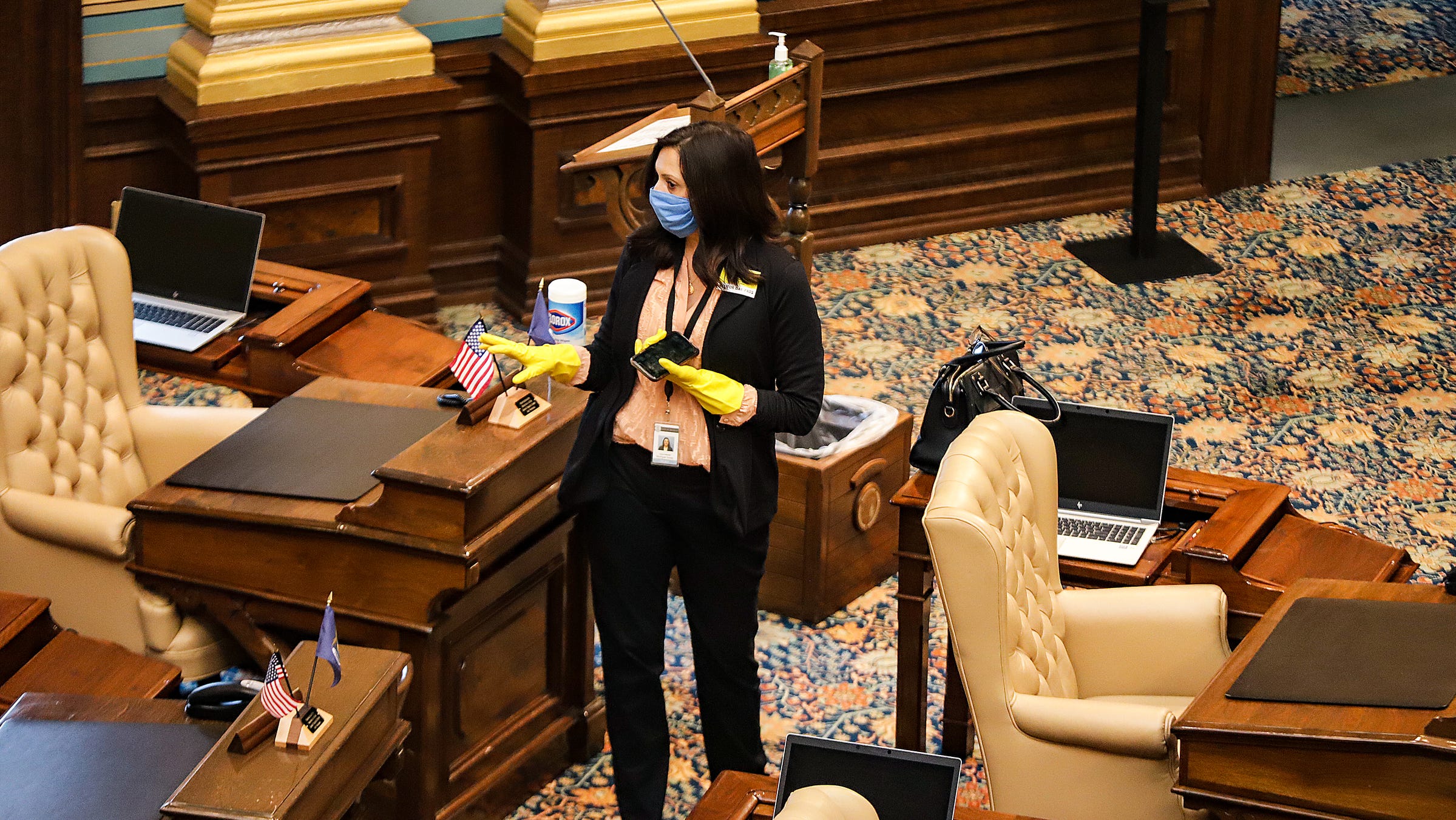 State Sen Dayna Polehanki Has Helmet Gas Mask Pepper Spray In Desk