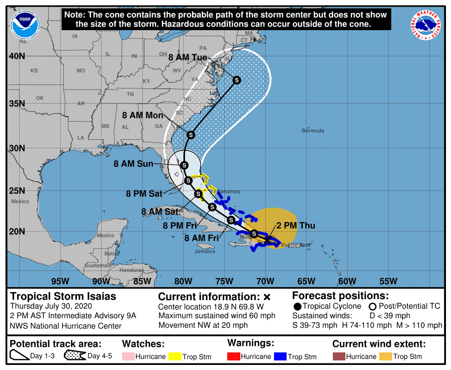 Tropical Storm Isaias Map: See the storm's projected path, latest updates