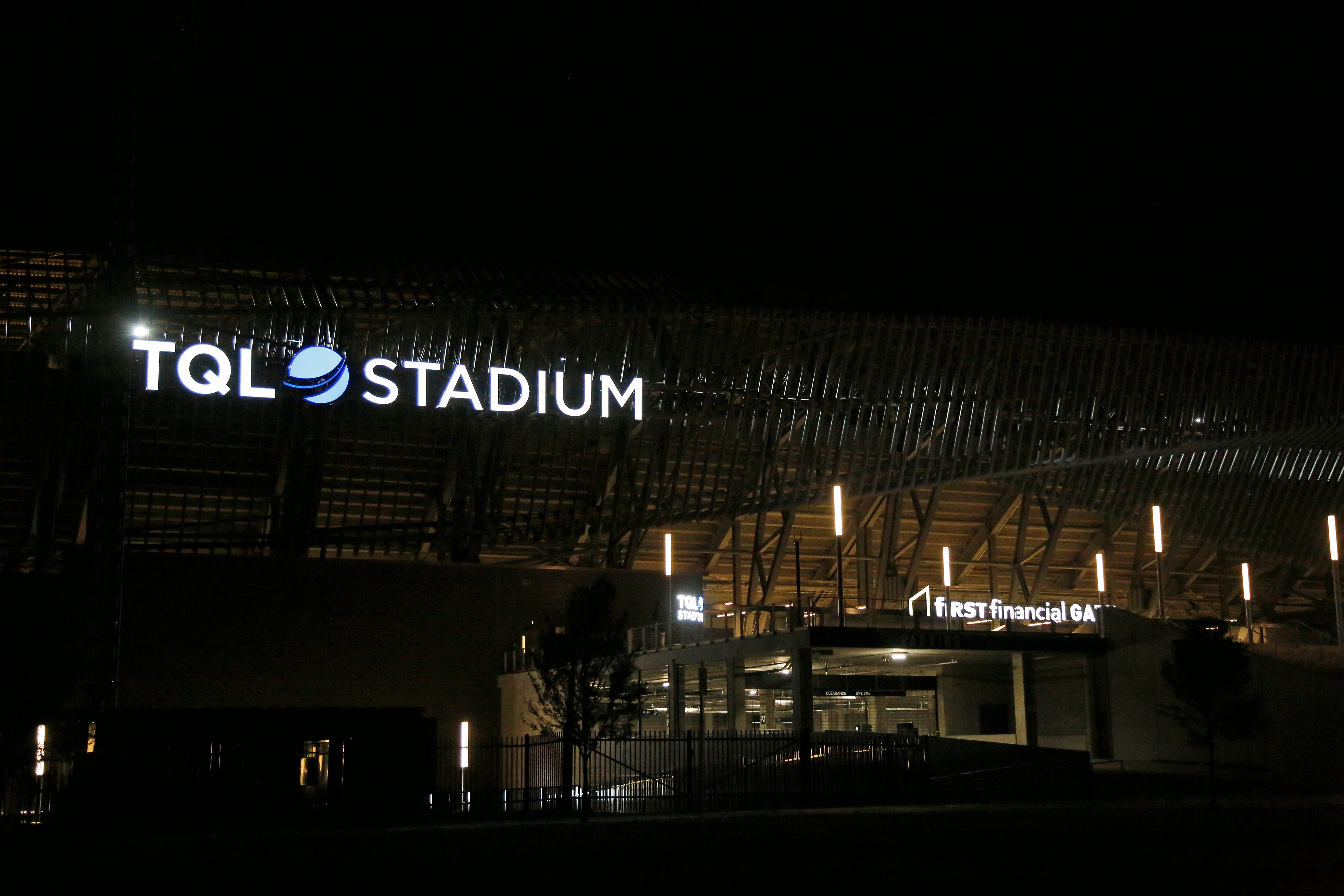 TQL Stadium sign ads at night have special permission from Cincinnati