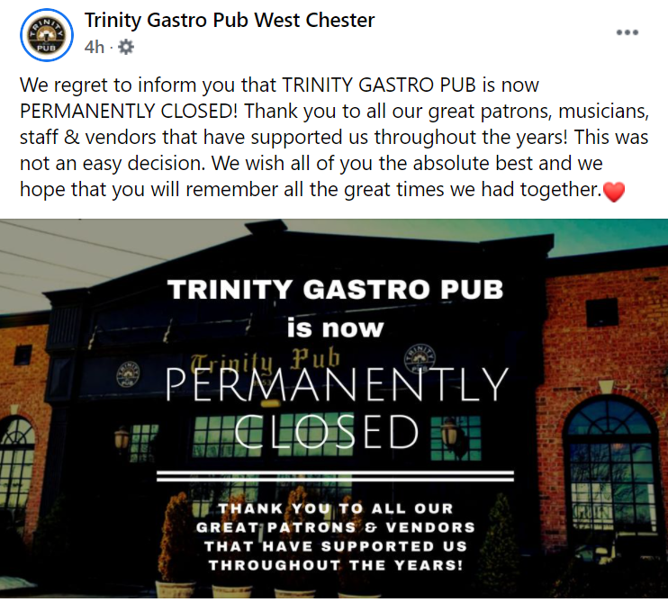 Trinity Gastro Pub in West Chester permanently closed