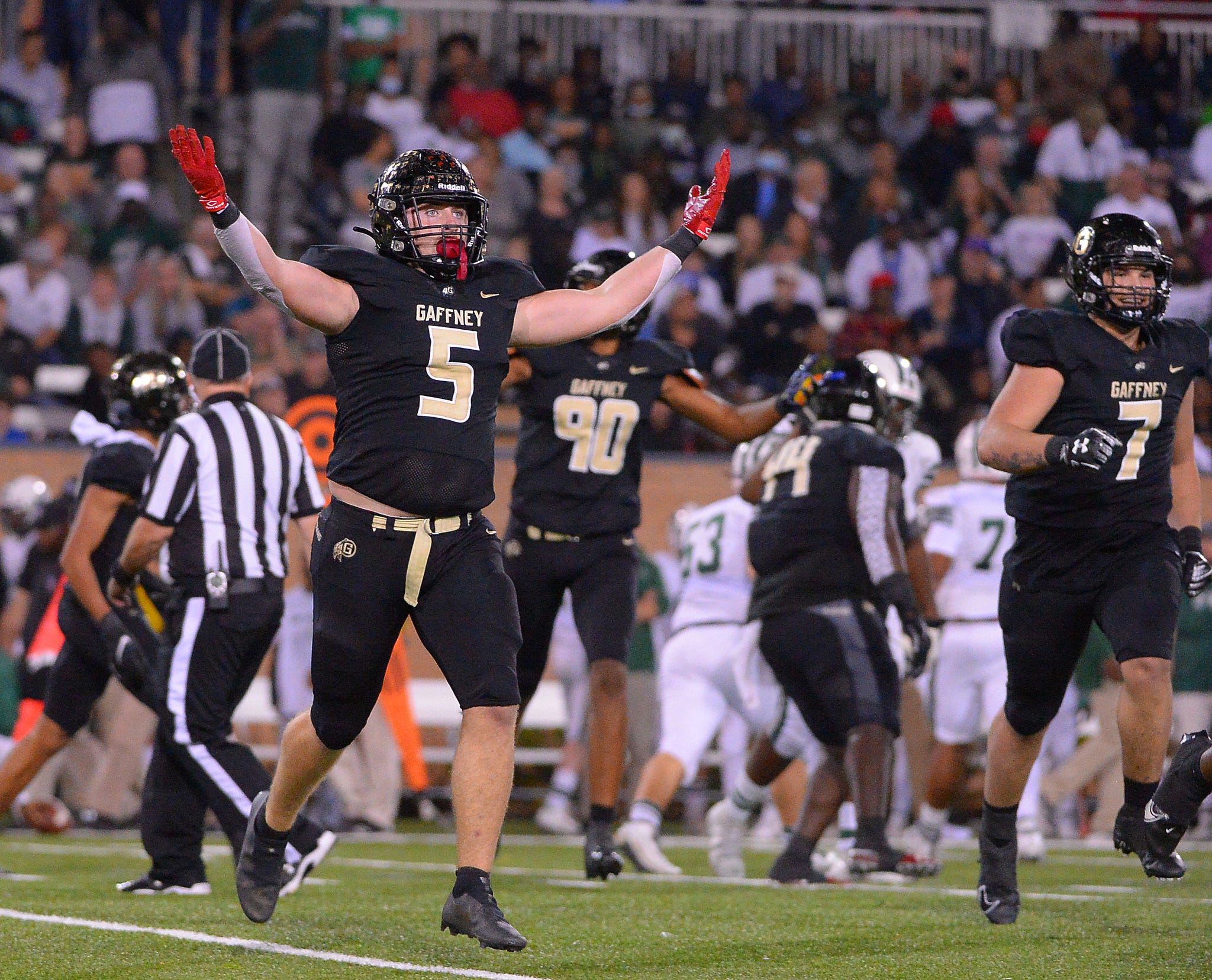 Gaffney senior linebacker Landon Bullock helps upset Dutch Fork