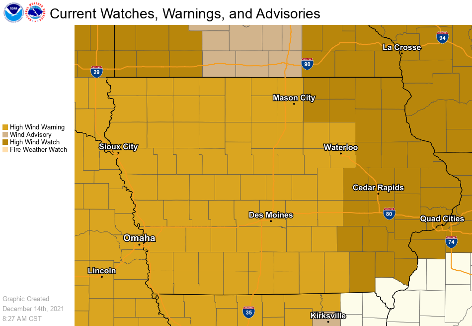 High wind warning issued in Iowa, widespread power outages expected