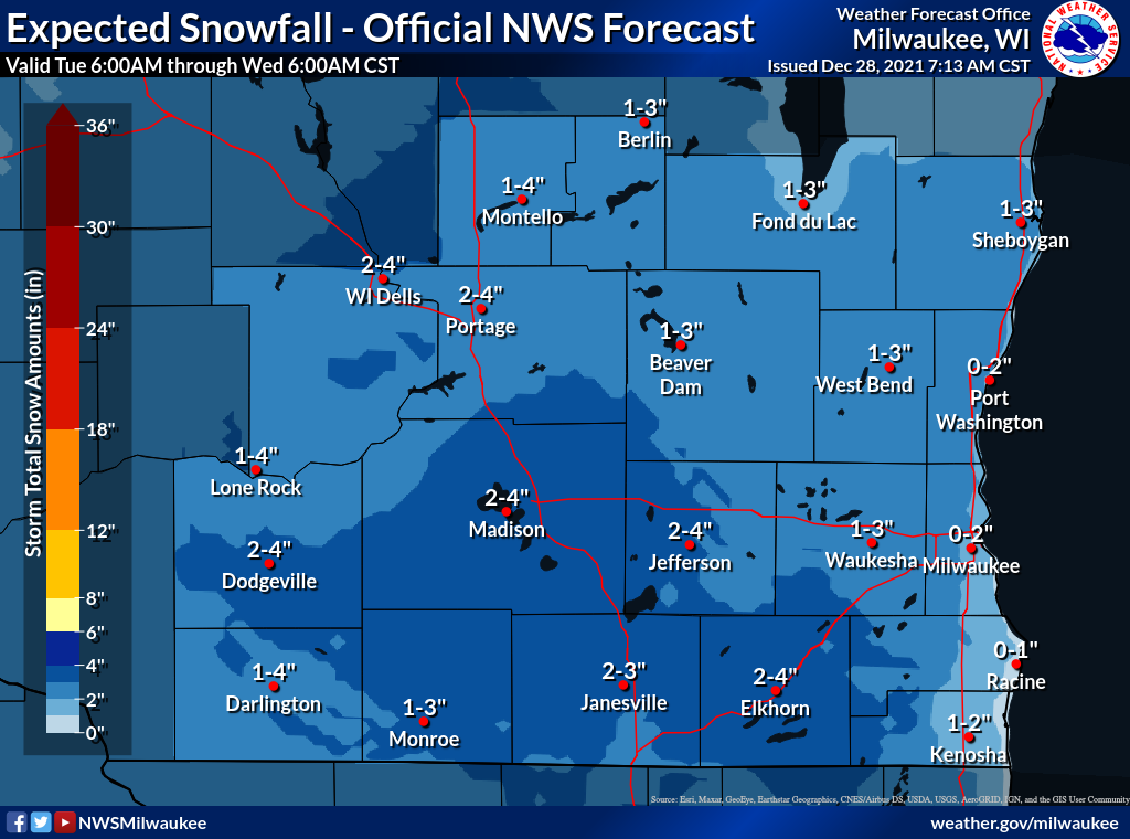 Wisconsin snow: 2 to 4 inches expected across state on Tuesday