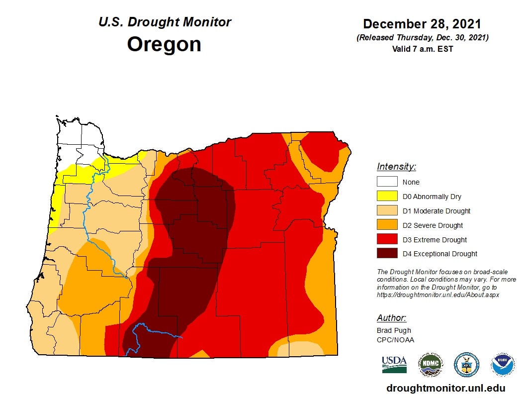 Oregon snowpack 126% of normal and deep drought slightly improves