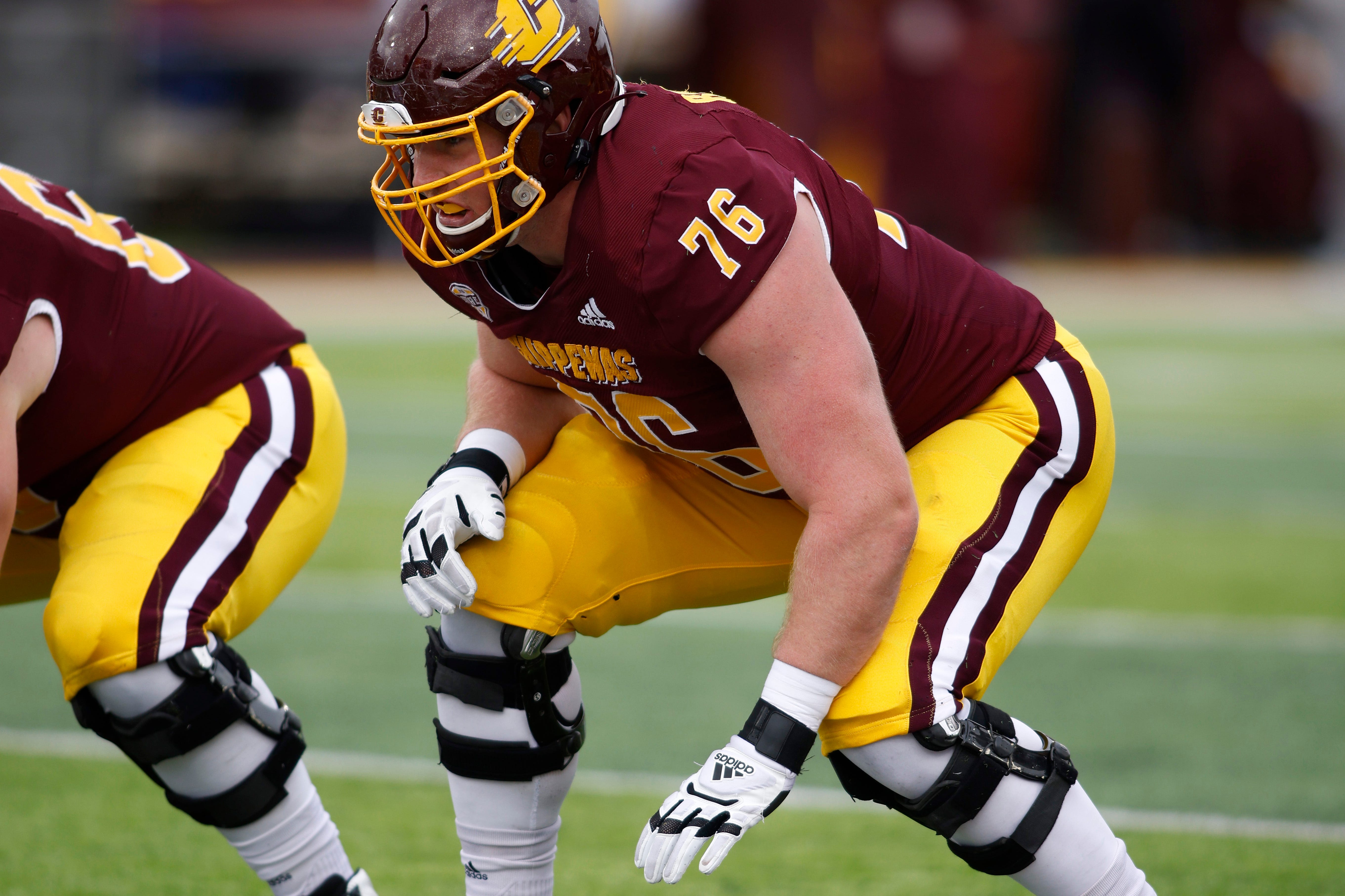 Central Michigan offensive tackles working with Joe Staley toward NFL
