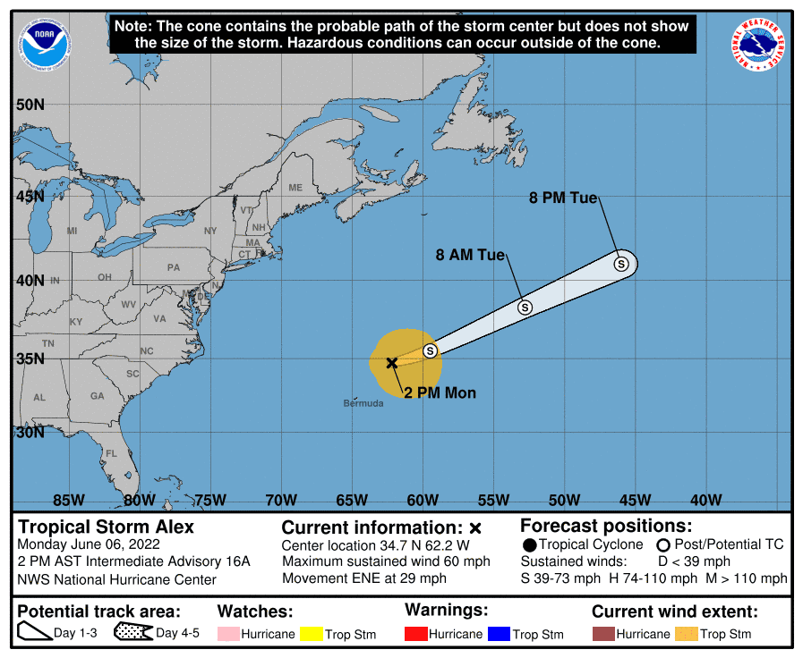 Tropical Storm Alex bringing wind, rain to Bermuda. Weakening expected