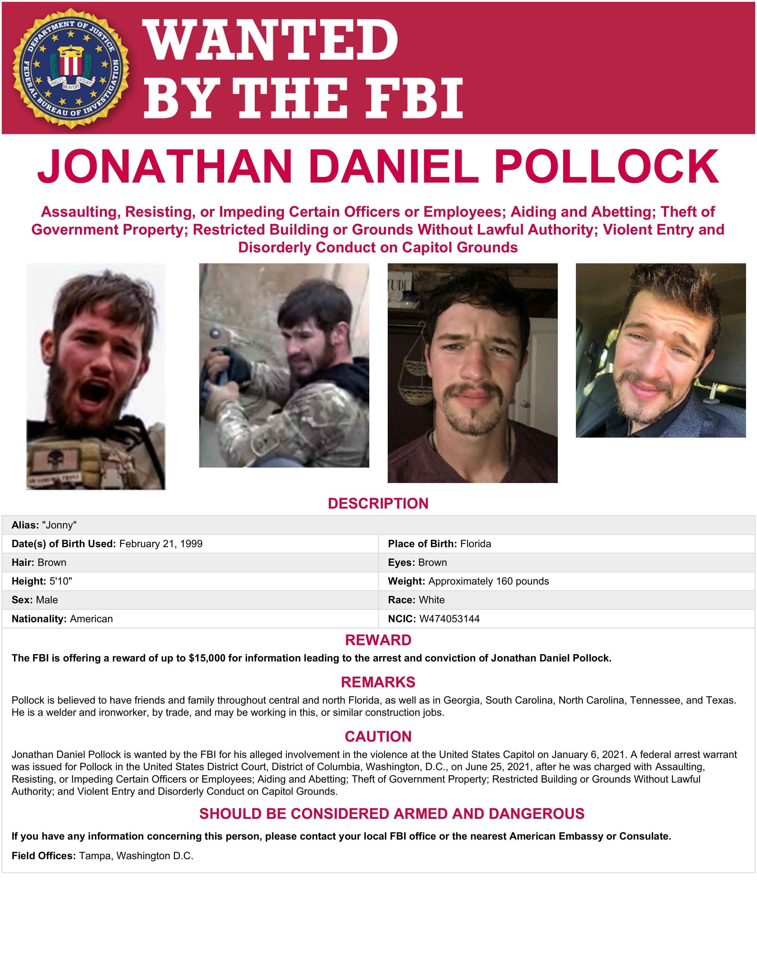 Jonathan Daniel Pollock of Lakeland remains fugitive on Jan. 6 charges