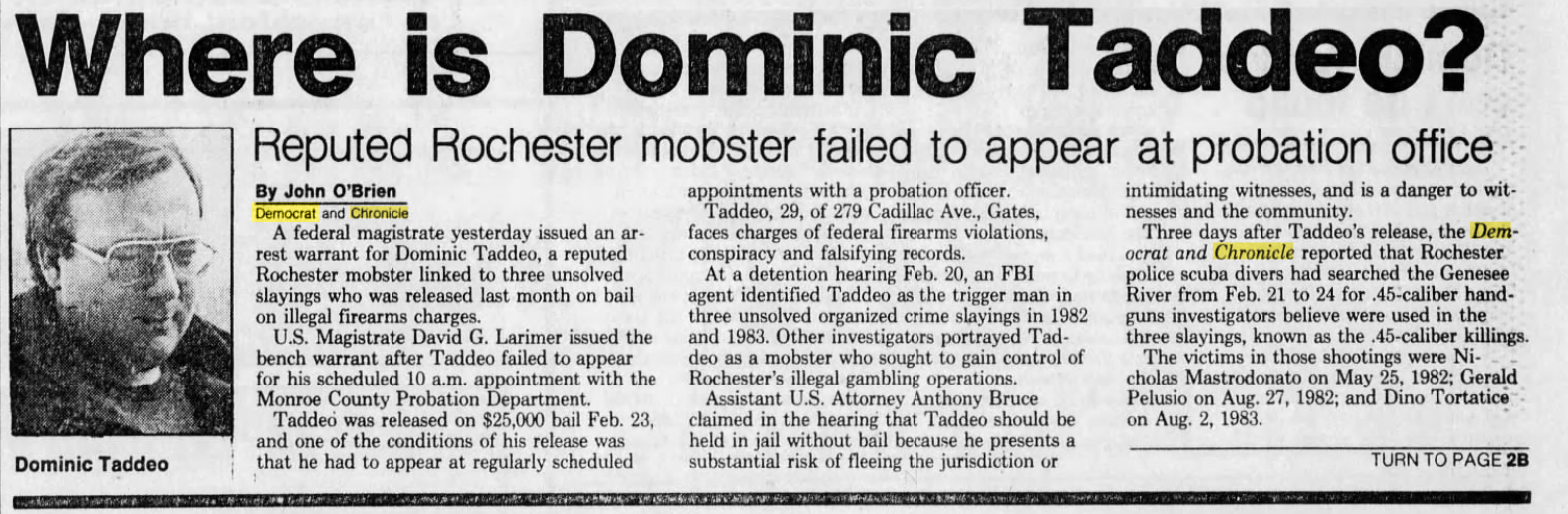 Rochester NY mob hitman Dominic Taddeo's crimes and escapes