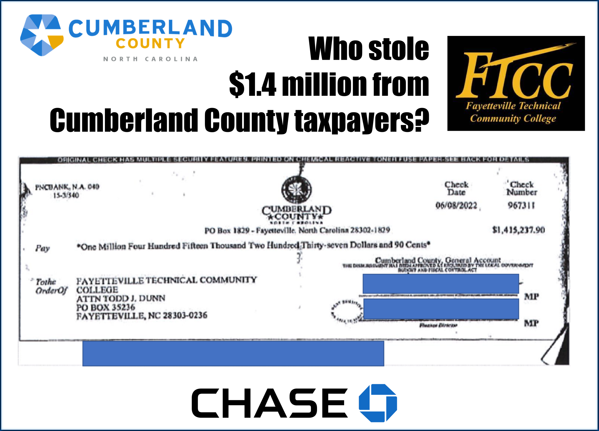 Someone stole a $1.4 million check from Cumberland County and FTCC