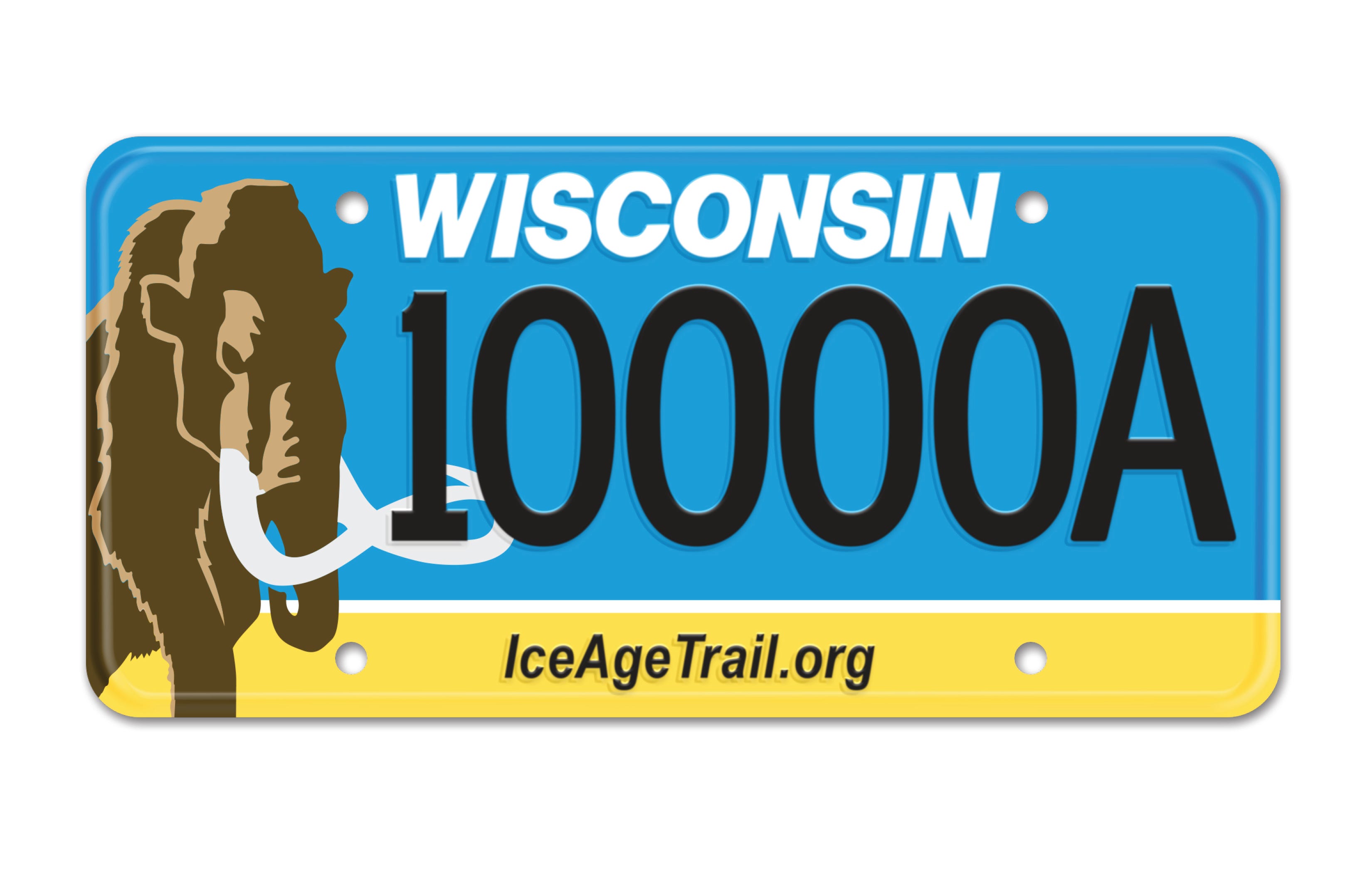 New Ice Age Trail Wisconsin license plate: Bold colors, woolly mammoth