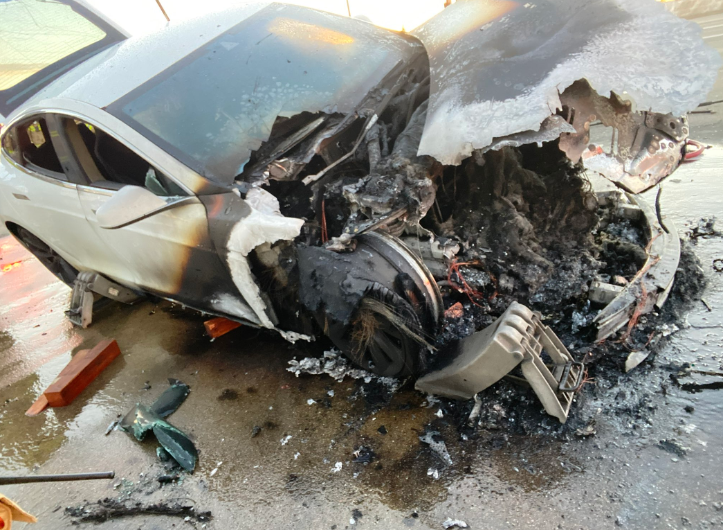 Tesla car battery 'spontaneously' bursts on California Highway 50