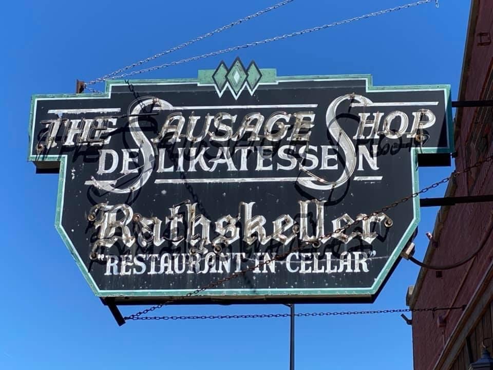 Sign of Der Rathskeller restaurant in Rockford now for sale