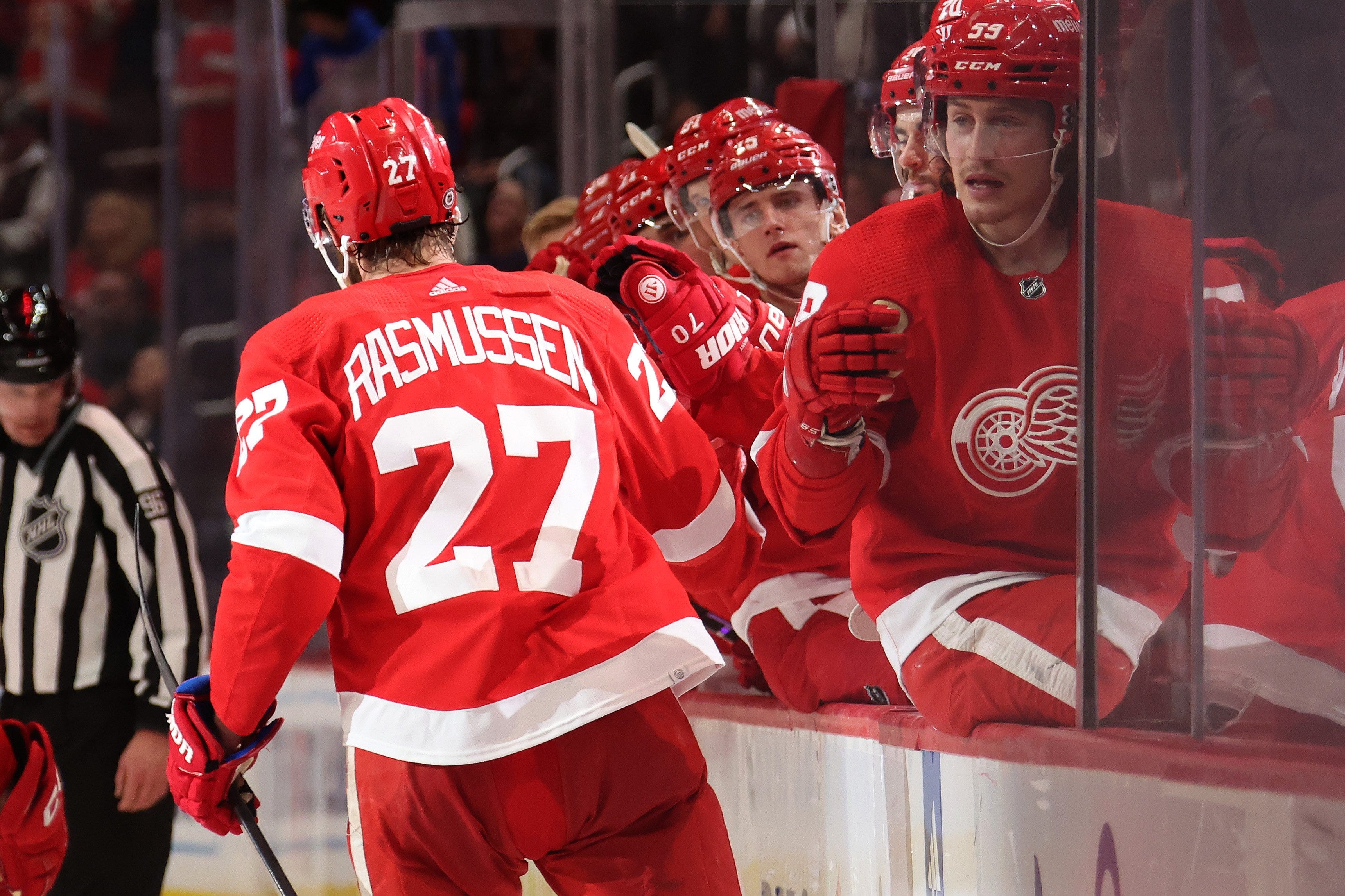 Detroit Red Wings' Michael Rasmussen hit by puck, lost to injury