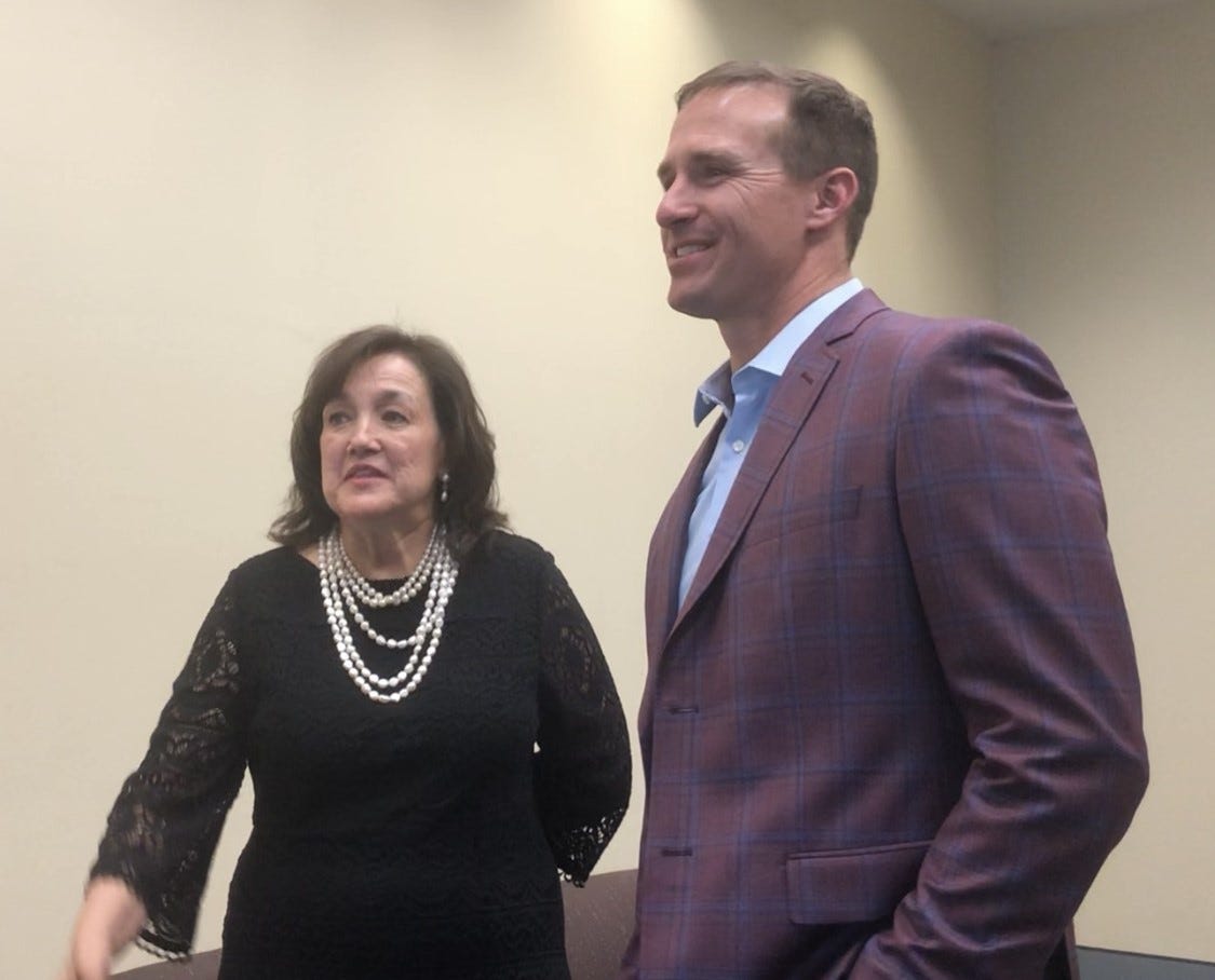 Former NFL quarterback Drew Brees speaks at Christus Spohn Lyceum
