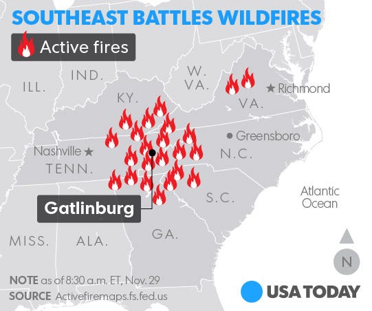 Tennessee wildfires threaten resort towns of Gatlinburg, Pigeon Forge
